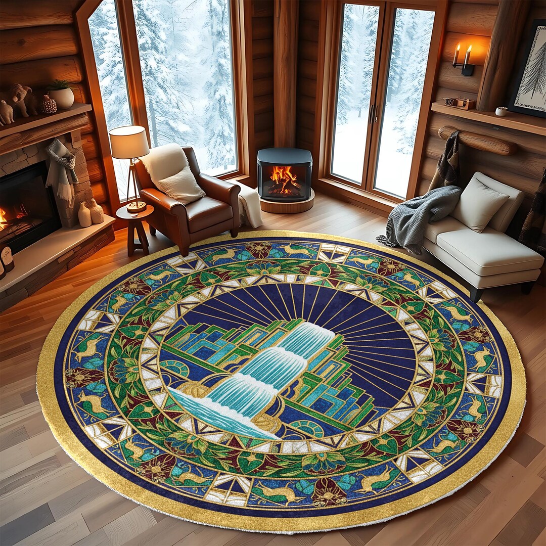 Art Deco Waterfall Round Rug: Botanical Gold Border, Non-slip - Etsy