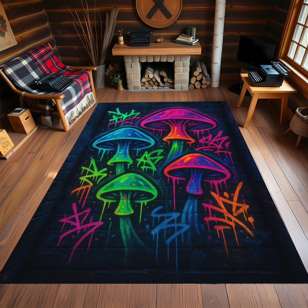 Neon Mushroom Graffiti Area Rug: Psychedelic Street Art Accent - Etsy