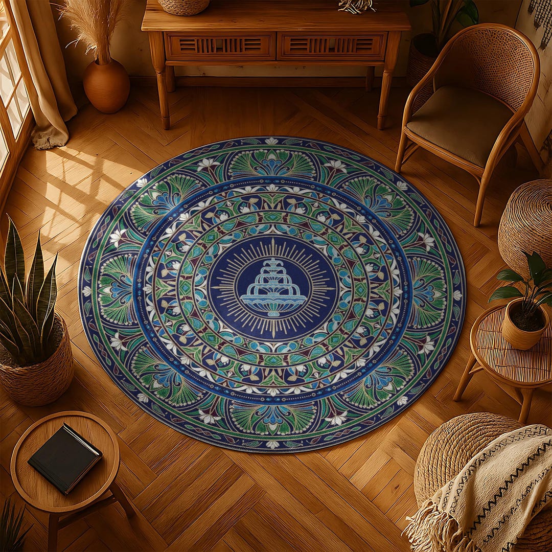 Round Mandala Rug: Blue Green Sacred Fountain Design, Bohemian Style - Etsy