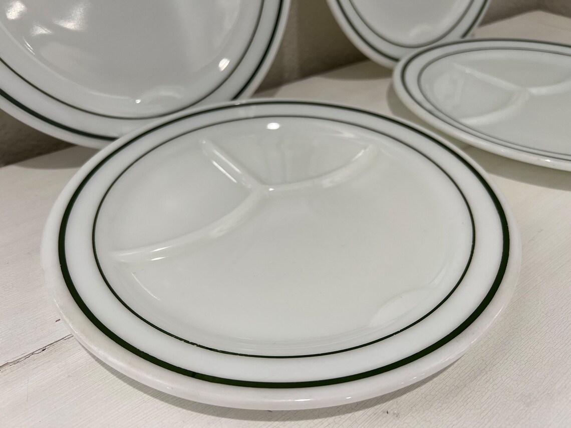 Vintage 1960’s Corning Ware Milk Glass Divided Plates With Green ...
