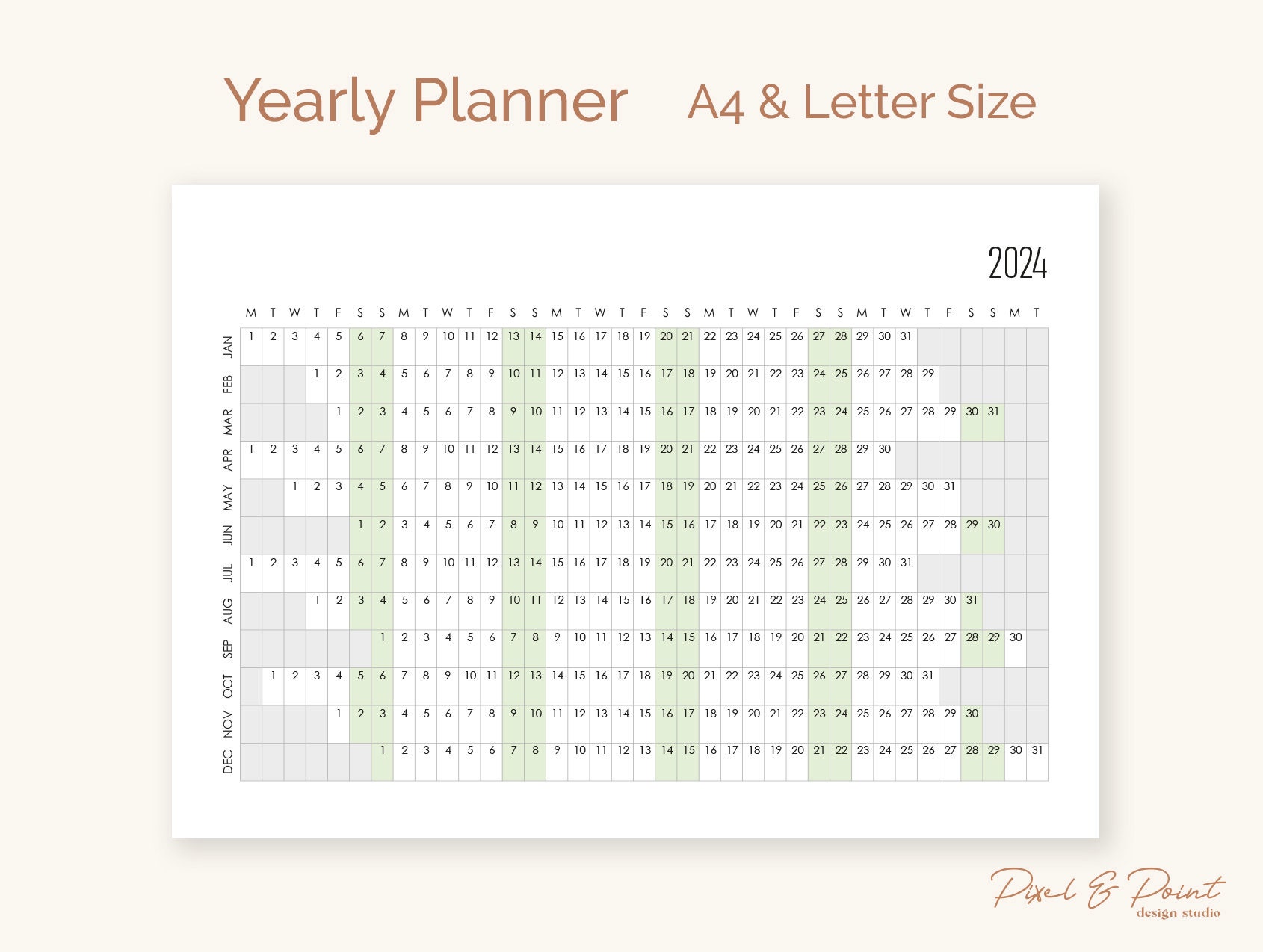 2024 2025 Horizontal Linear Yearly Calendar, Printable Planner, A4 & Letter, Instant Download ...
