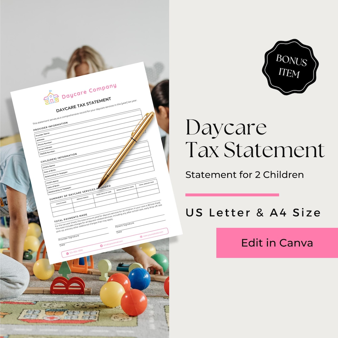Daycare Tax Form for Parents, Child Care Tax Statement, Daycare Tax ...