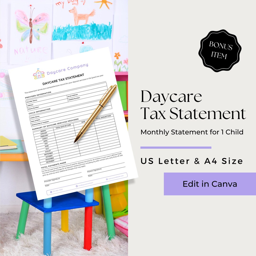End of Year Daycare Statement, Child Care Tax Receipt, Daycare Tax Form ...