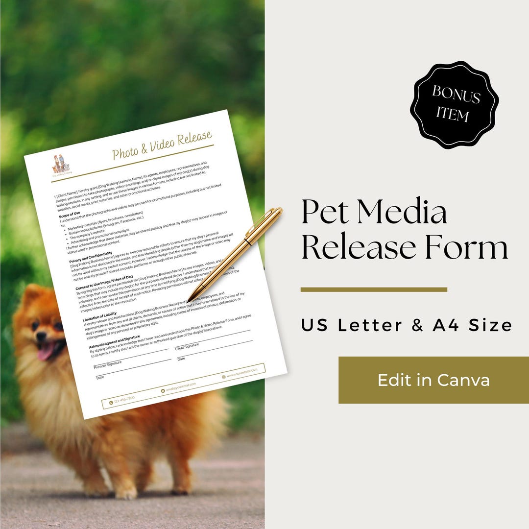 Video Release Form, Pet Business Form, Dog Walker Form, Dog Walking ...