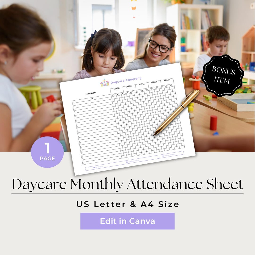 Daycare Monthly Attendance Sheet, Daycare Attendance Tracker, Preschool ...