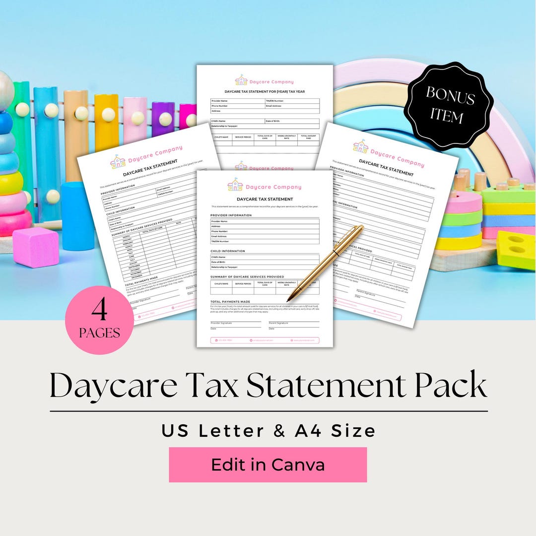 End of Year Daycare Statement, Child Care Tax Receipt, Daycare Tax Form ...