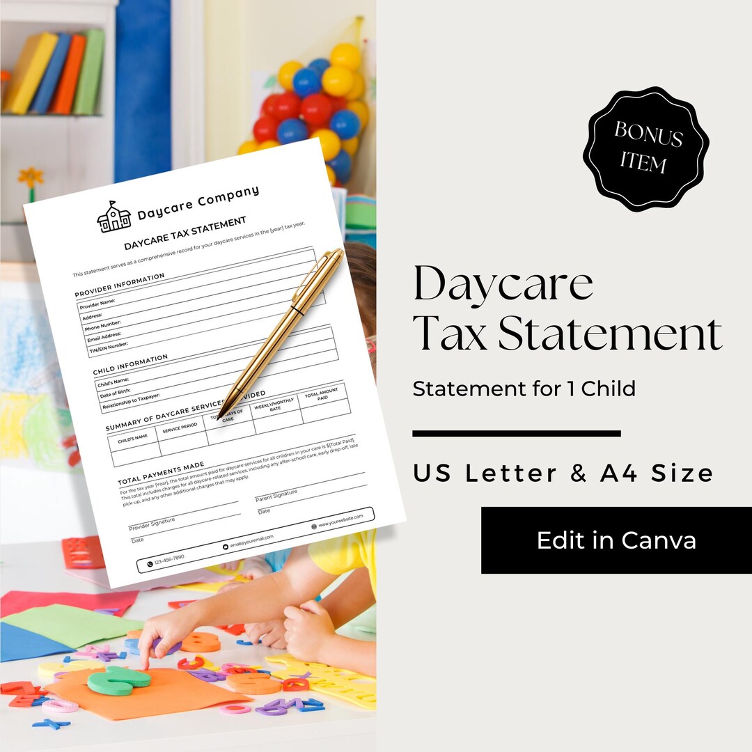 Daycare Tax Statement, End of Year Daycare Statement, Child Care Tax ...