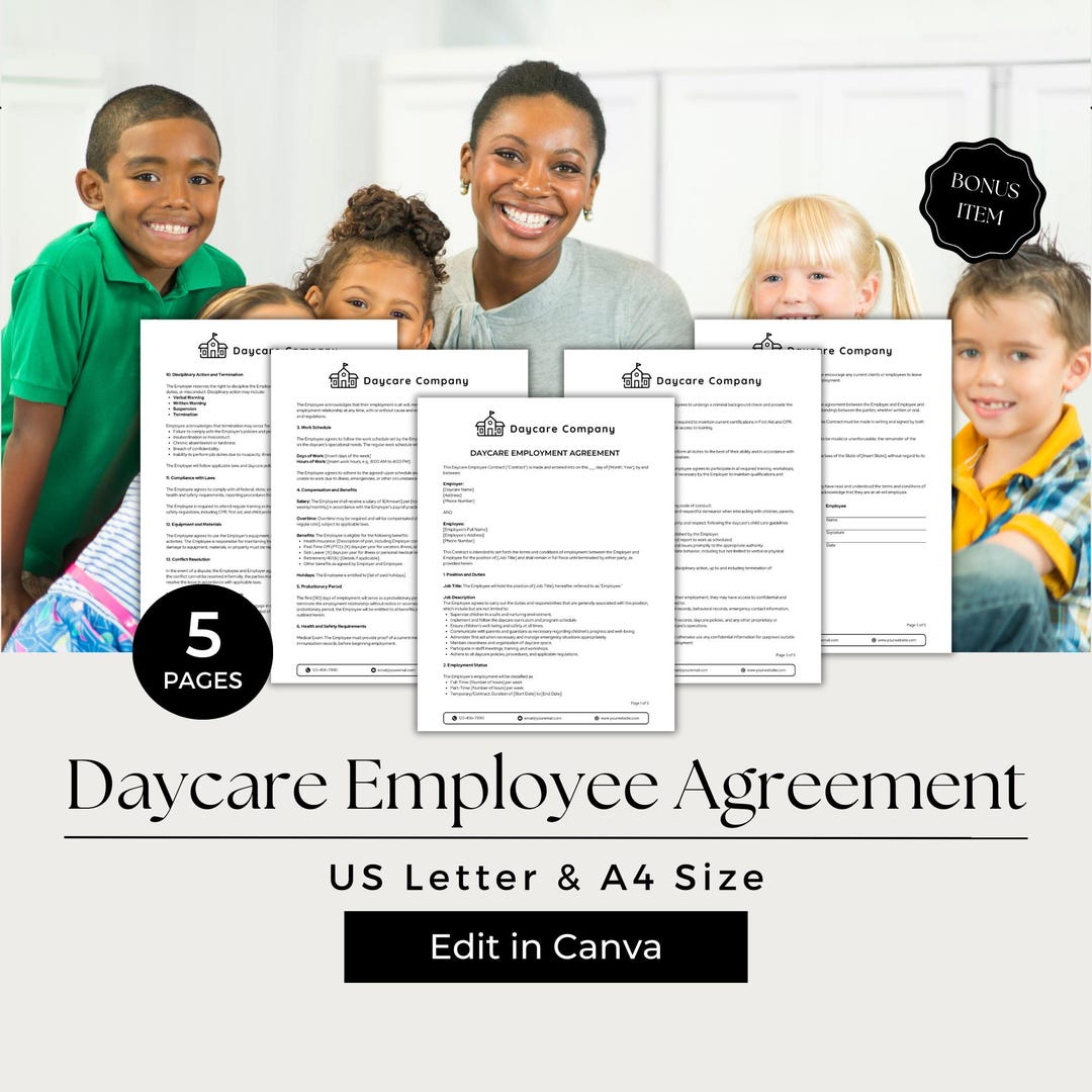 Daycare Employee Contract, Employee Agreement, Daycare Paperwork ...