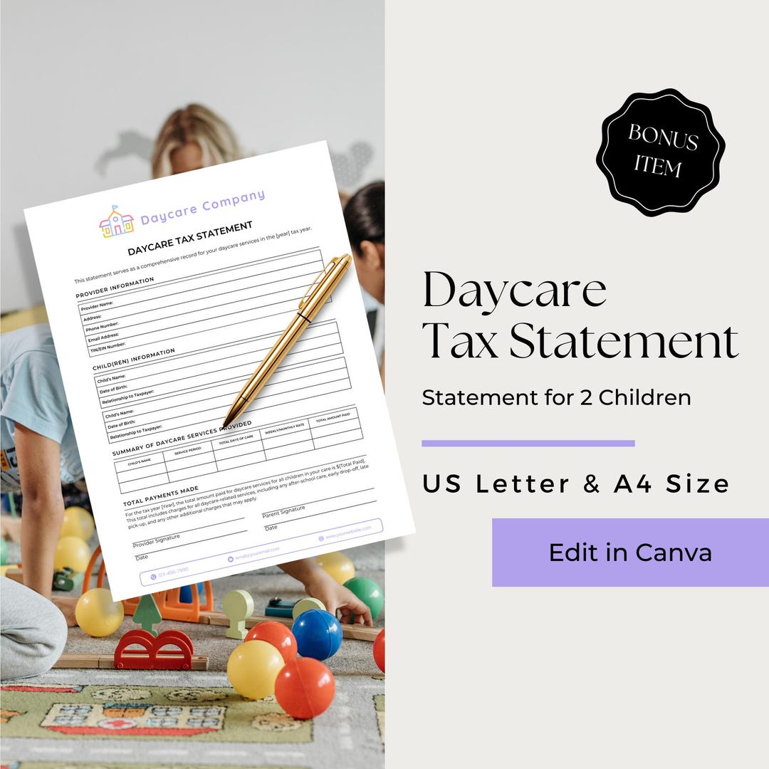 Daycare Tax Statement, End of Year Daycare Statement, Child Care Tax ...