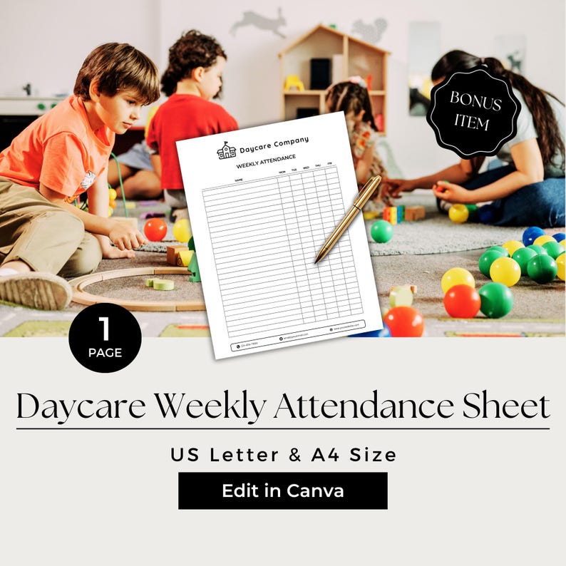 Daycare Weekly Attendance Sheet, Daycare Attendance Sheet, Daycare ...