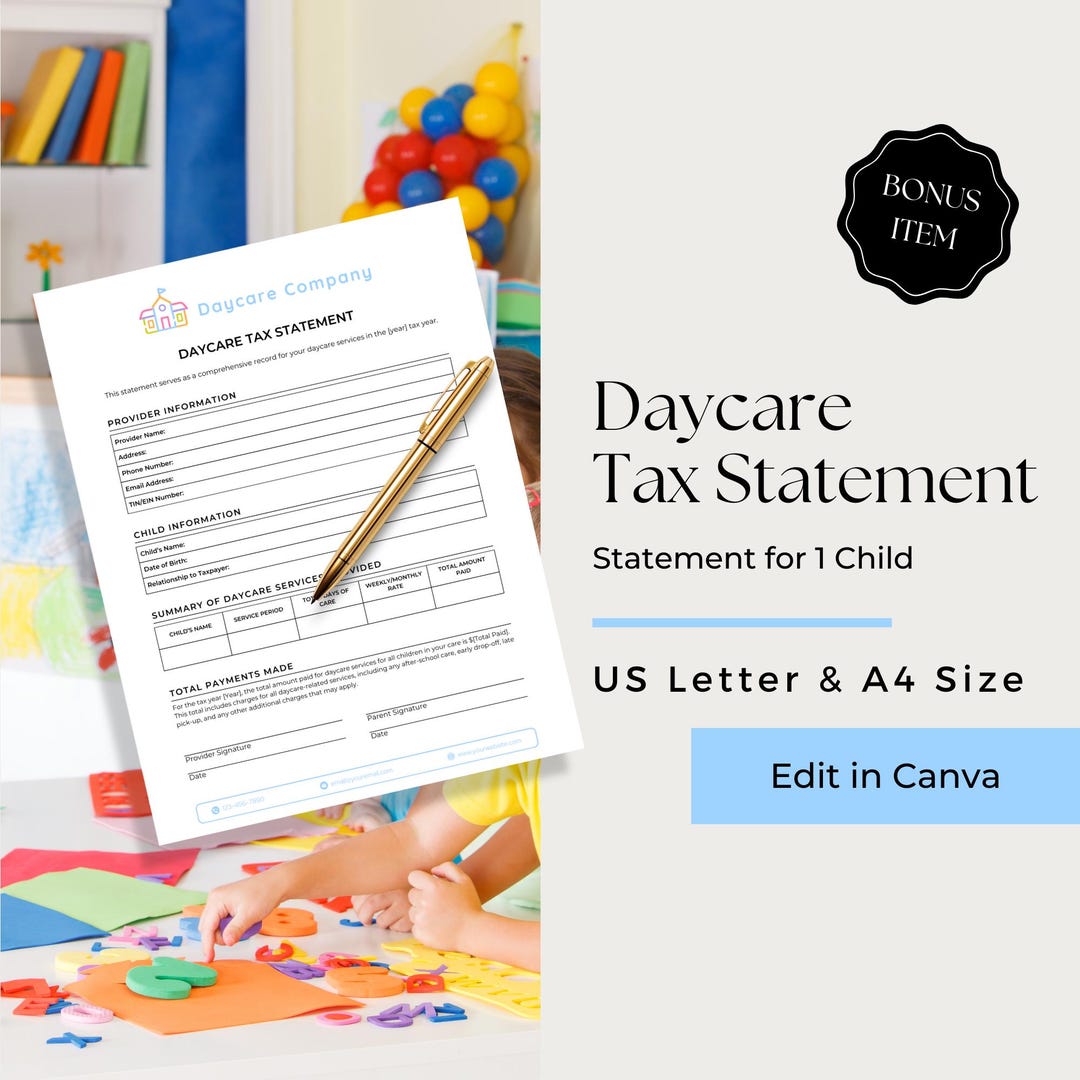 Daycare Tax Statement, End of Year Daycare Statement, Child Care Tax ...