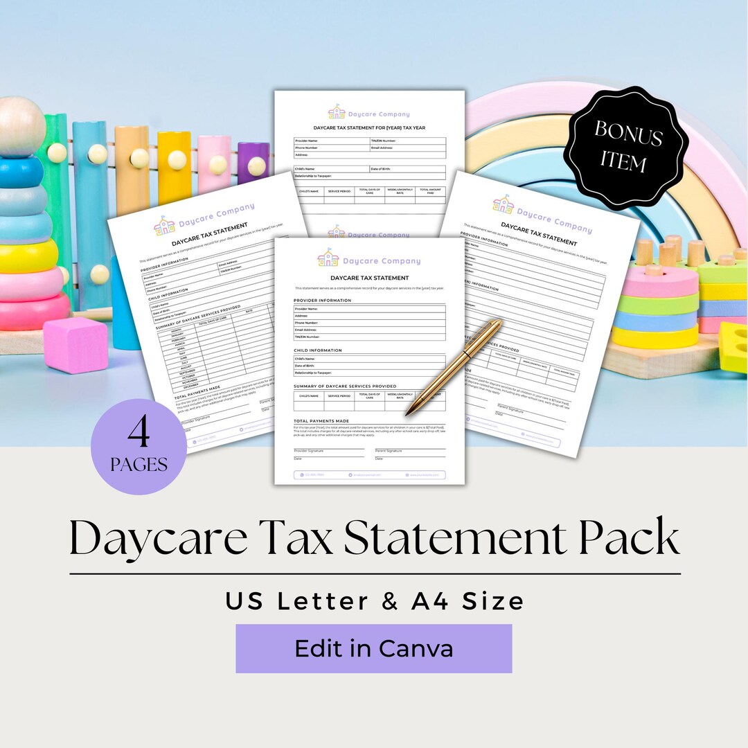 Daycare Tax Statement, End of Year Daycare Statement, Child Care Tax ...
