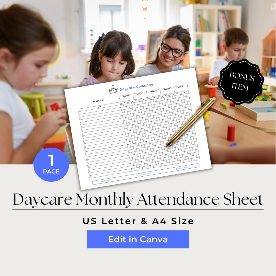 Preschool Attendance, Daycare Attendance Sheet, Daycare Monthly ...