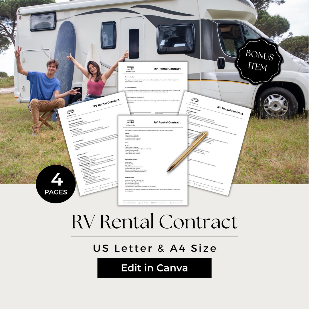 RV Rental Contract, Motorhome Contract, Camper Agreement, RV Trailer ...