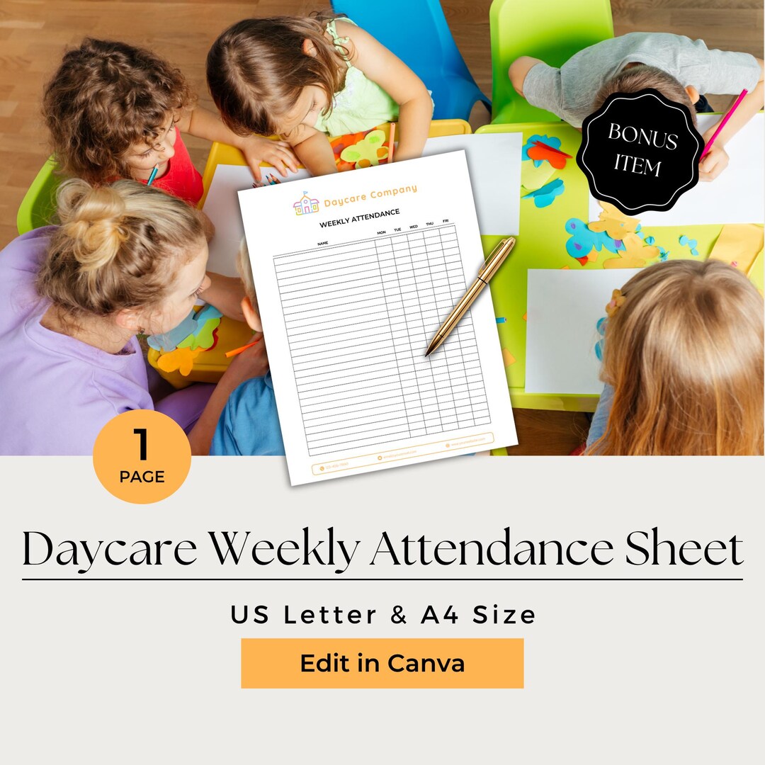 Daycare Attendance Tracker, Preschool Attendance, Daycare Weekly Attendance Sheet, Daycare ...