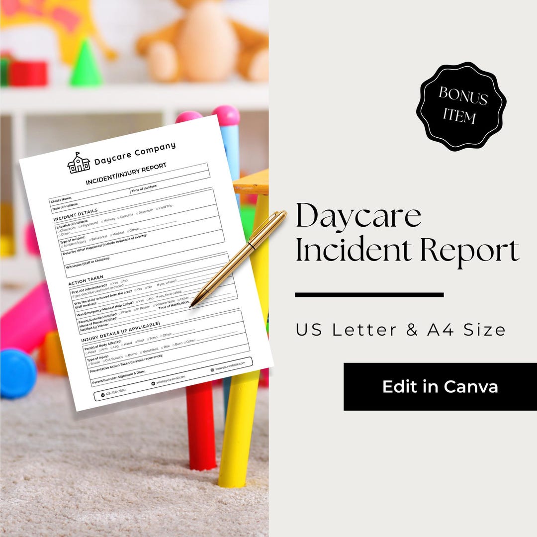 Incident Report Form Daycare, Daycare Injury Report, Preschool Accident ...