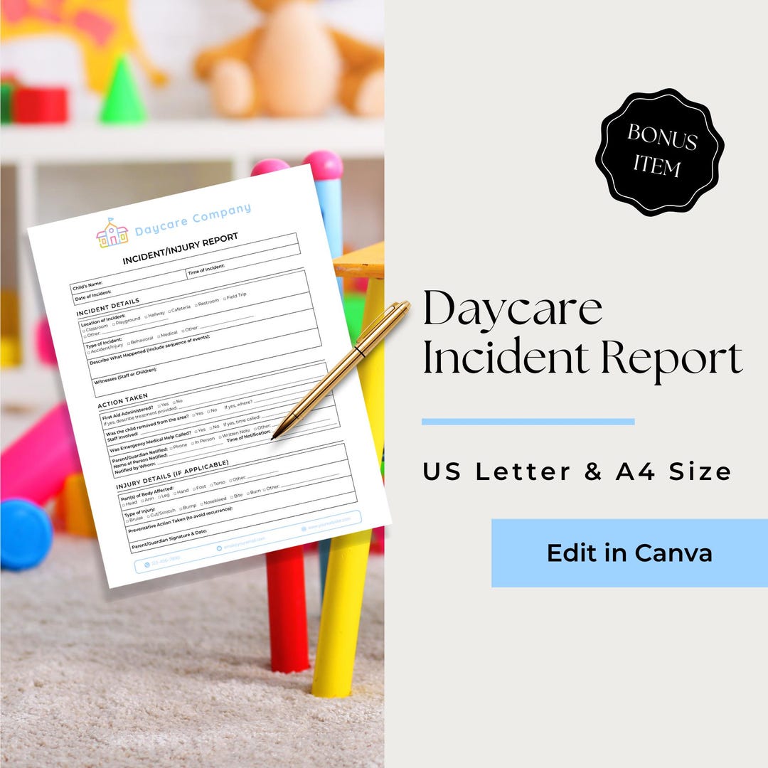 Incident Report Form Daycare, Daycare Injury Report, Preschool Accident ...