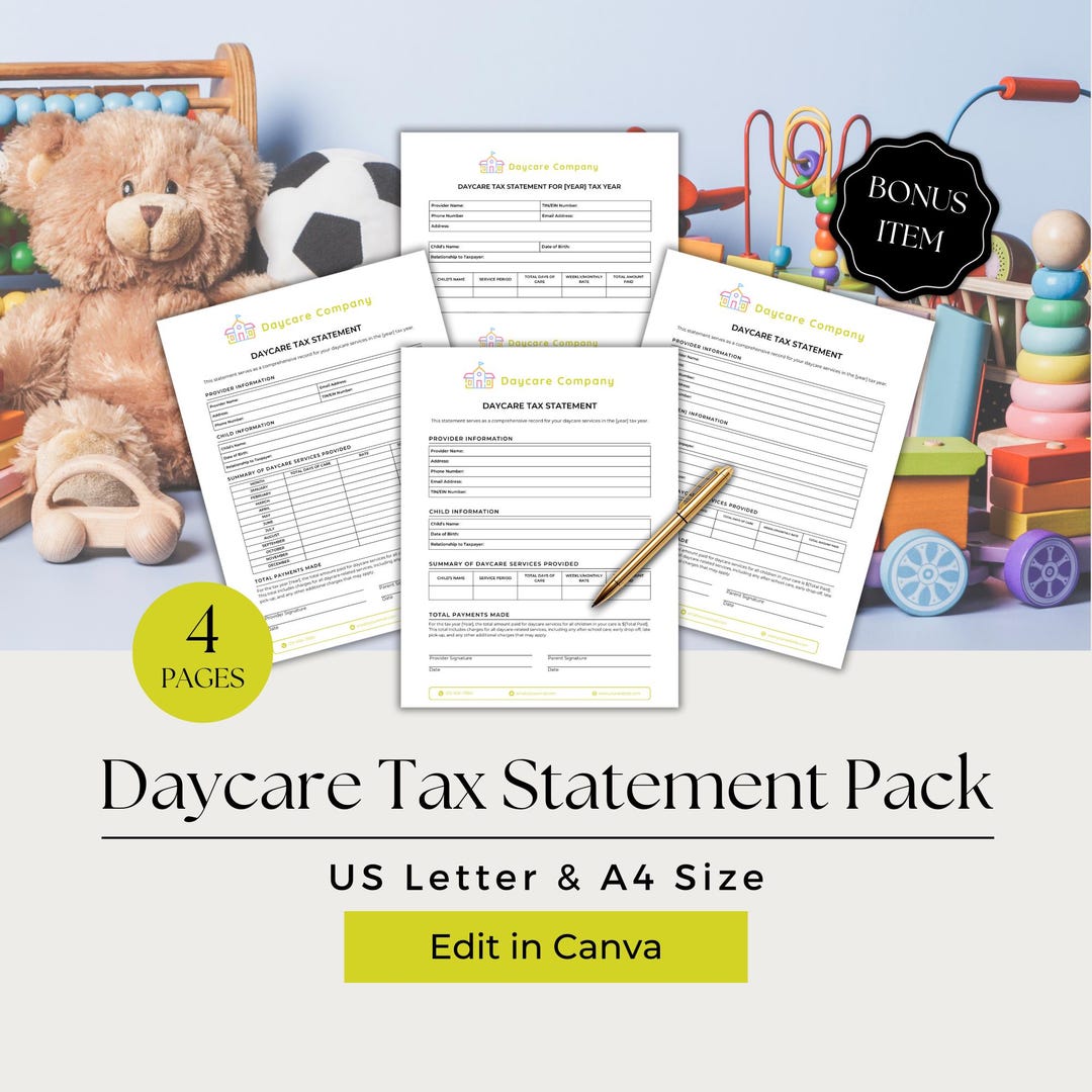 Daycare Tax Form for Parents, Child Care Tax Statement, Daycare Tax ...