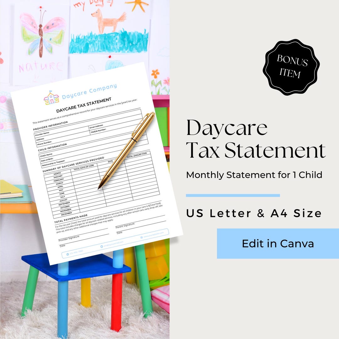 Child Care Tax Receipt, Daycare Tax Form for Parents, Child Care Tax ...