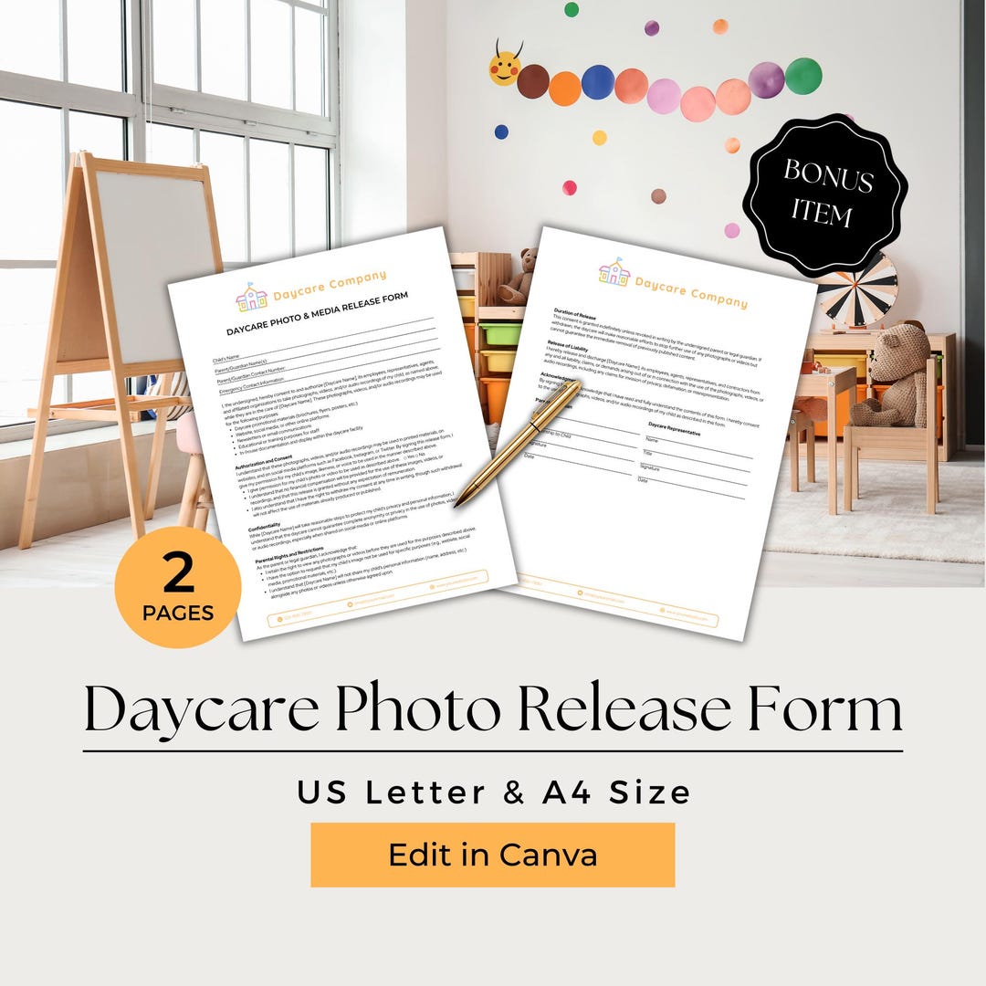 Photo Consent Form, Video Release Form, Child Care Forms, Daycare Photo ...