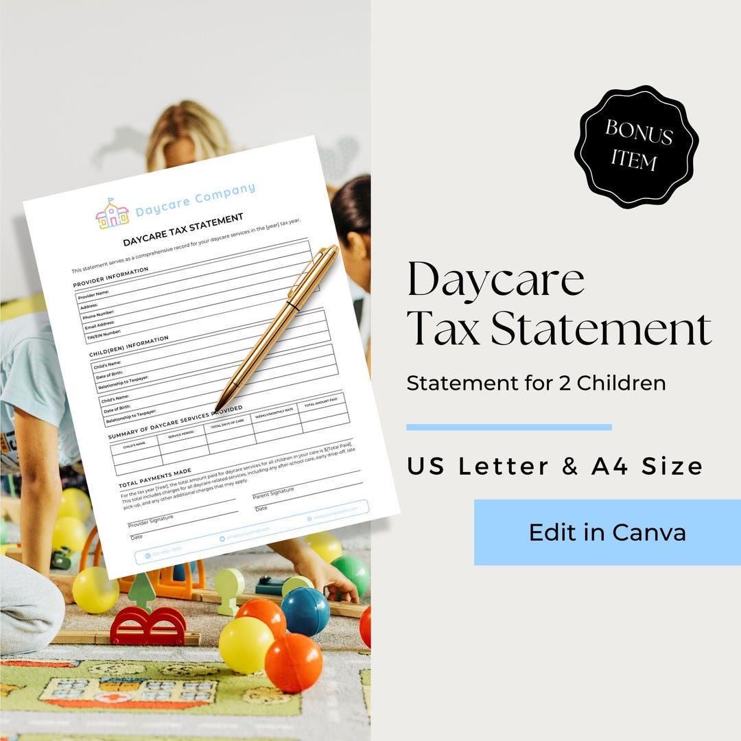 End of Year Daycare Statement, Child Care Tax Receipt, Daycare Tax Form ...