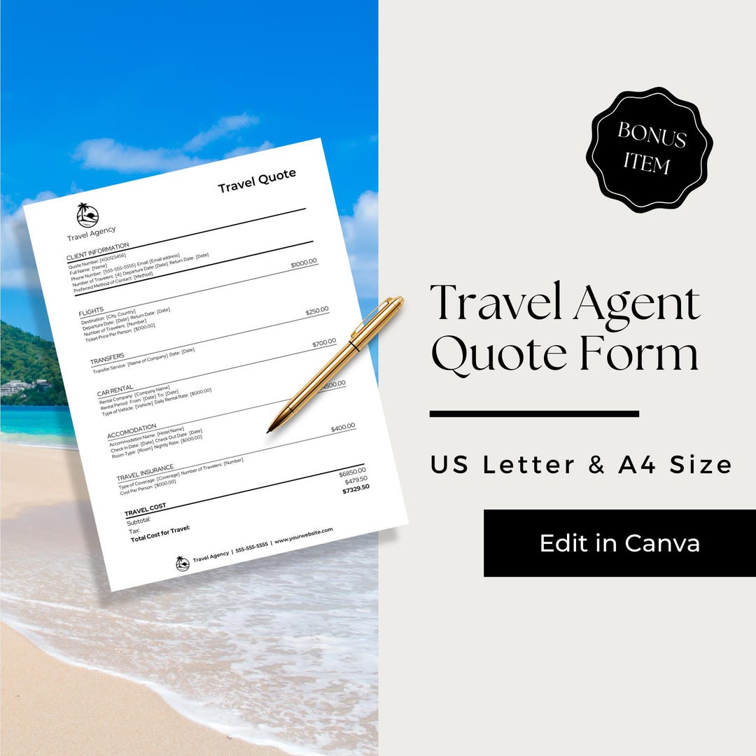 Travel Agent Quote Form, Canva Template Travel Agent Quote, Travel ...