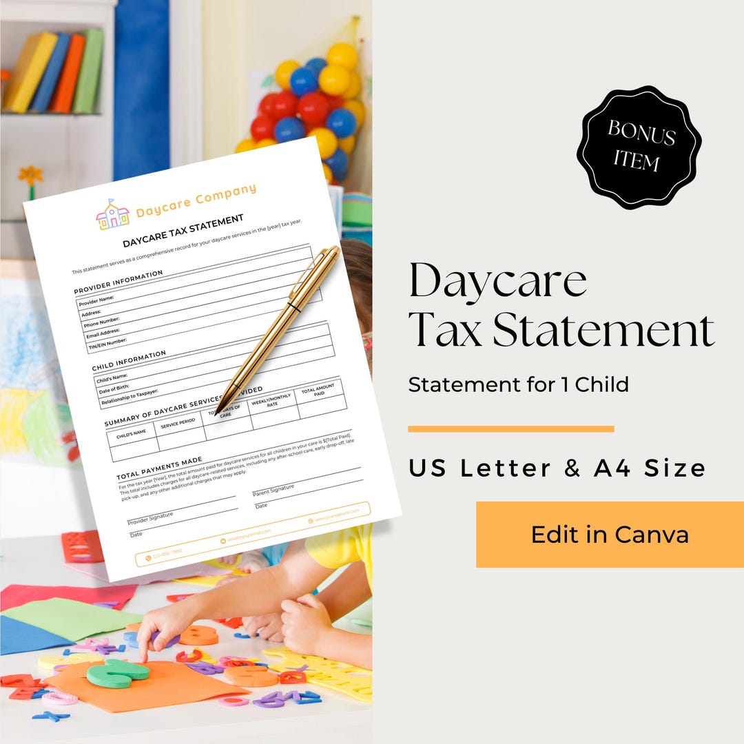 Daycare Tax Statement, End of Year Daycare Statement, Child Care Tax ...