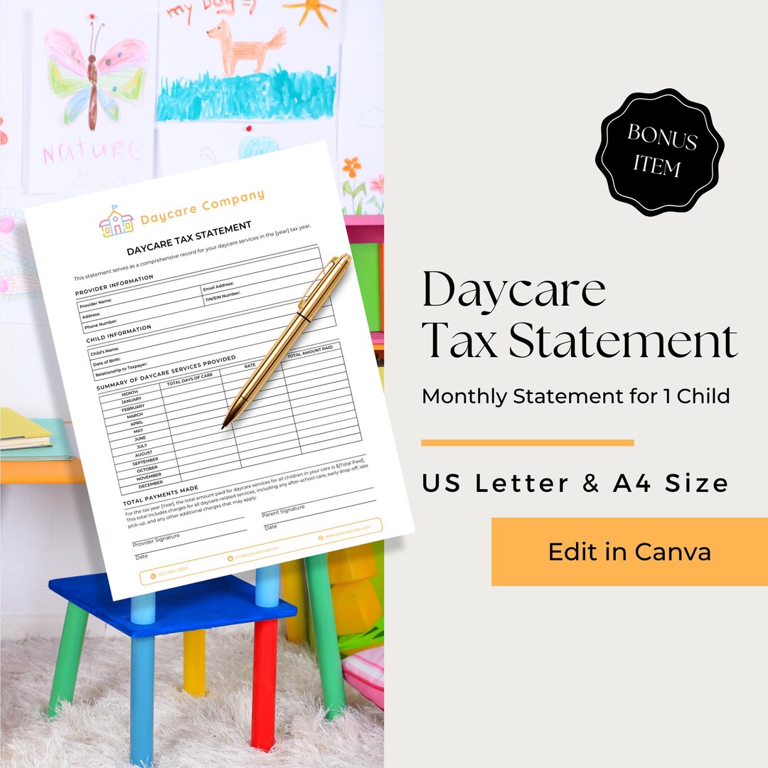 Child Care Tax Receipt, Daycare Tax Form for Parents, Child Care Tax ...