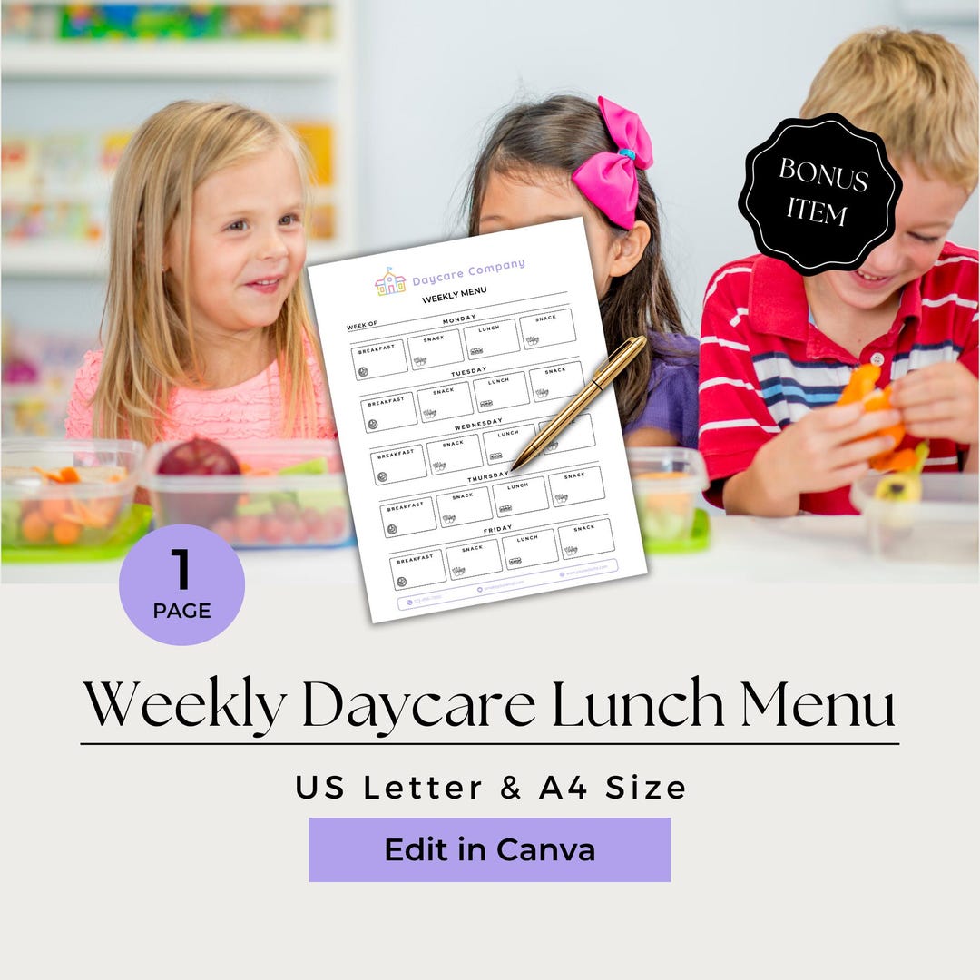 Daycare Food Menu Template, Home Daycare Weekly Menu, Daycare Meal Plan ...