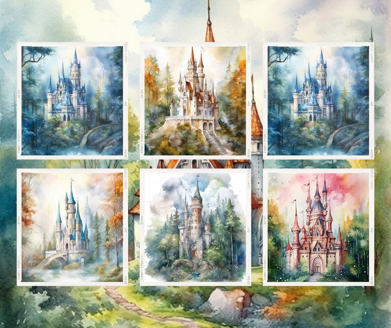 25 File Bundle, Clip Art Fantasy Castle Watercolor PNG for Download and ...