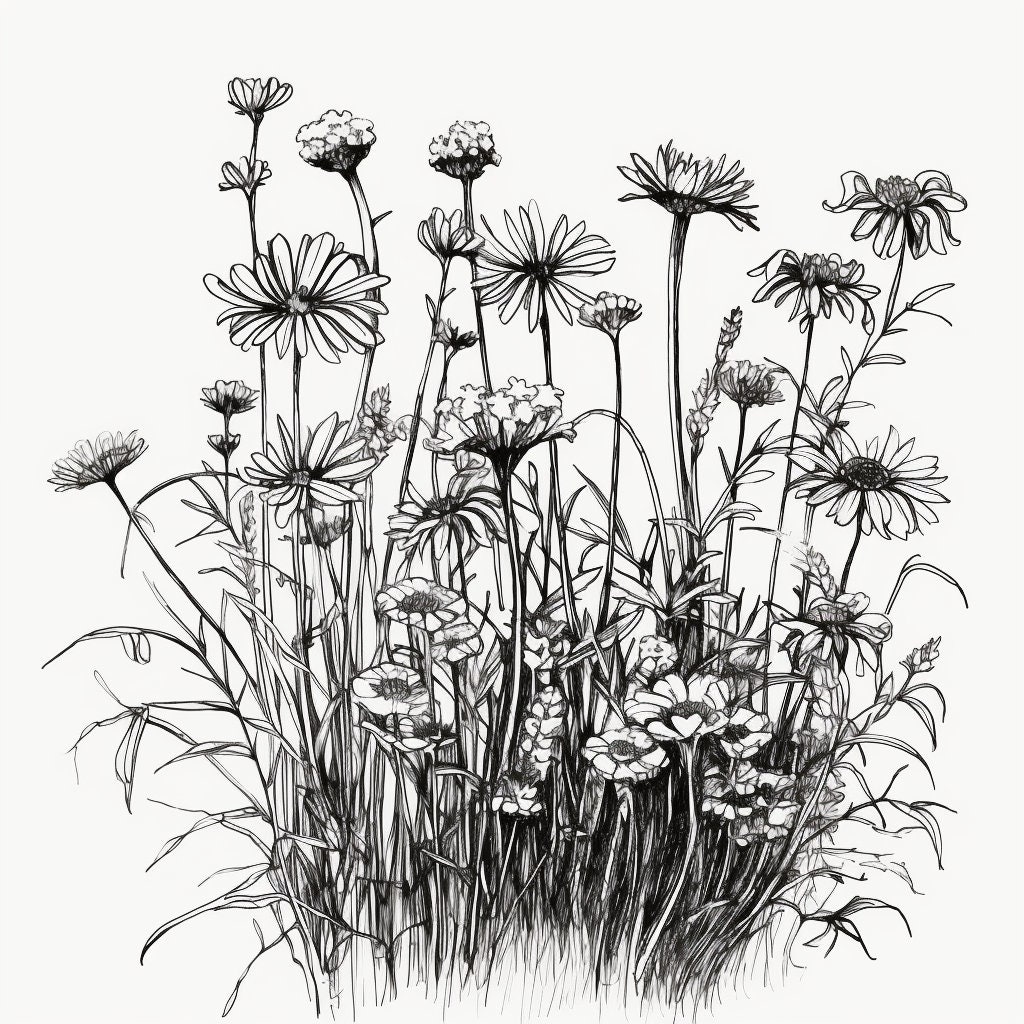 Black and White Meadow Flowers Clipart - Spring Wildflower Floral PNG ...