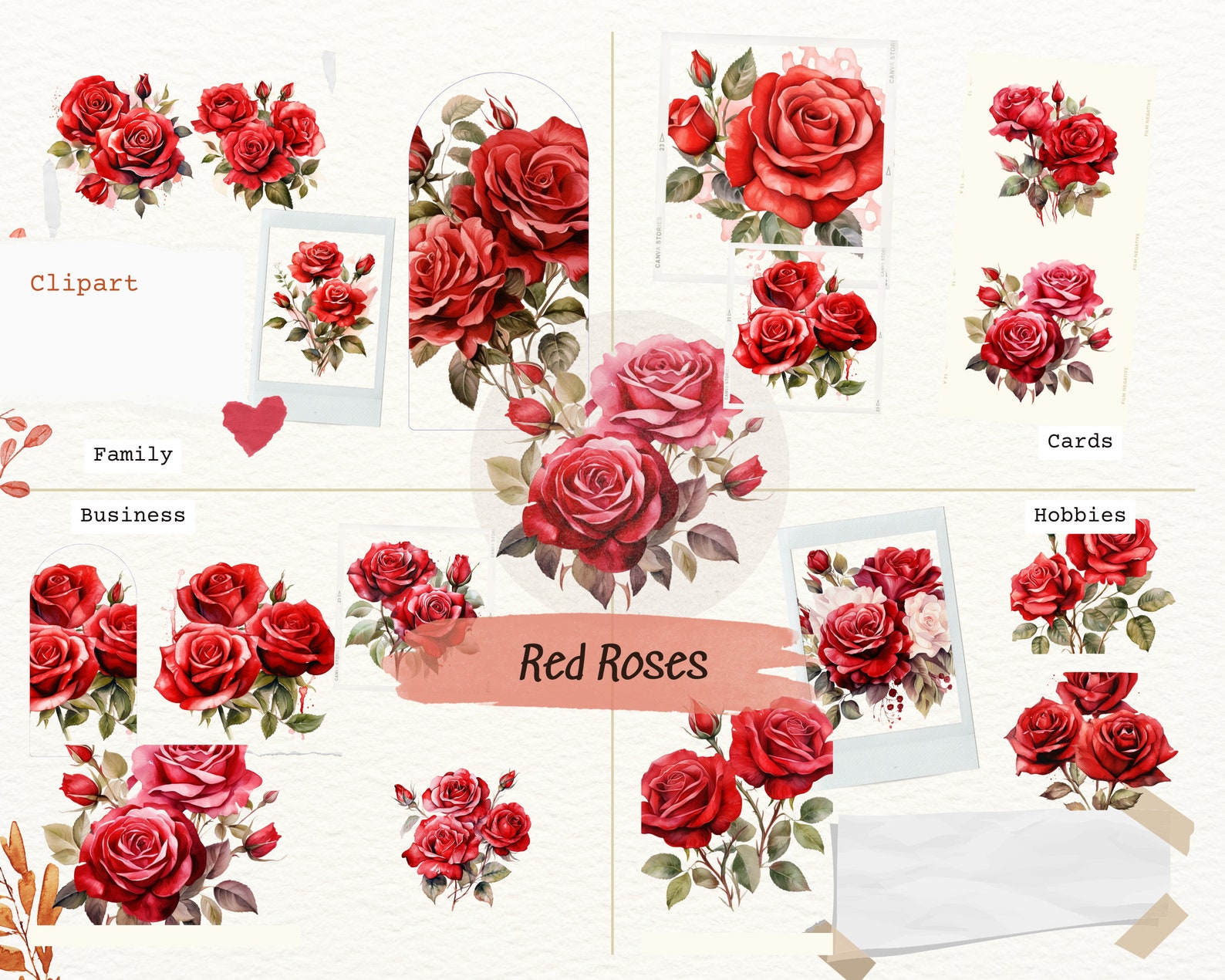 Watercolor Red Roses Clipart - Roses and Leaves in PNG Format Instant ...