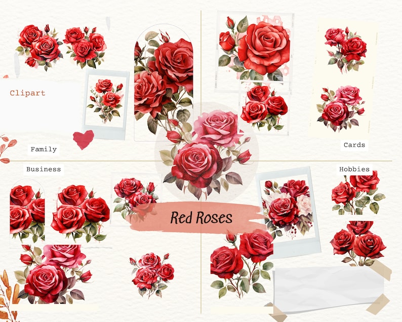 Watercolor Red Roses Clipart - Roses and Leaves in PNG Format Instant ...