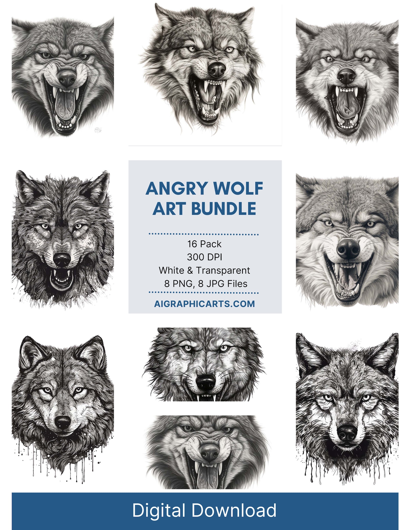 8 File Bundle Angry Wolf PNG Sublimation Design Download, Hand Drawn ...