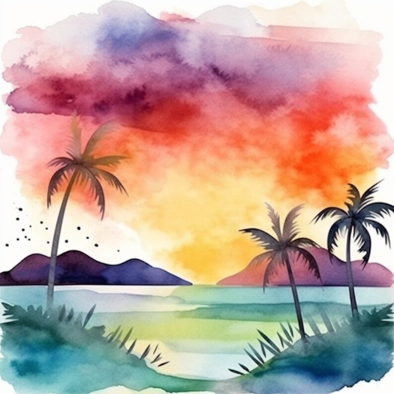 Watercolor Tropical Sunsets Clipart, 20 PNG Files, Digital Graphics ...