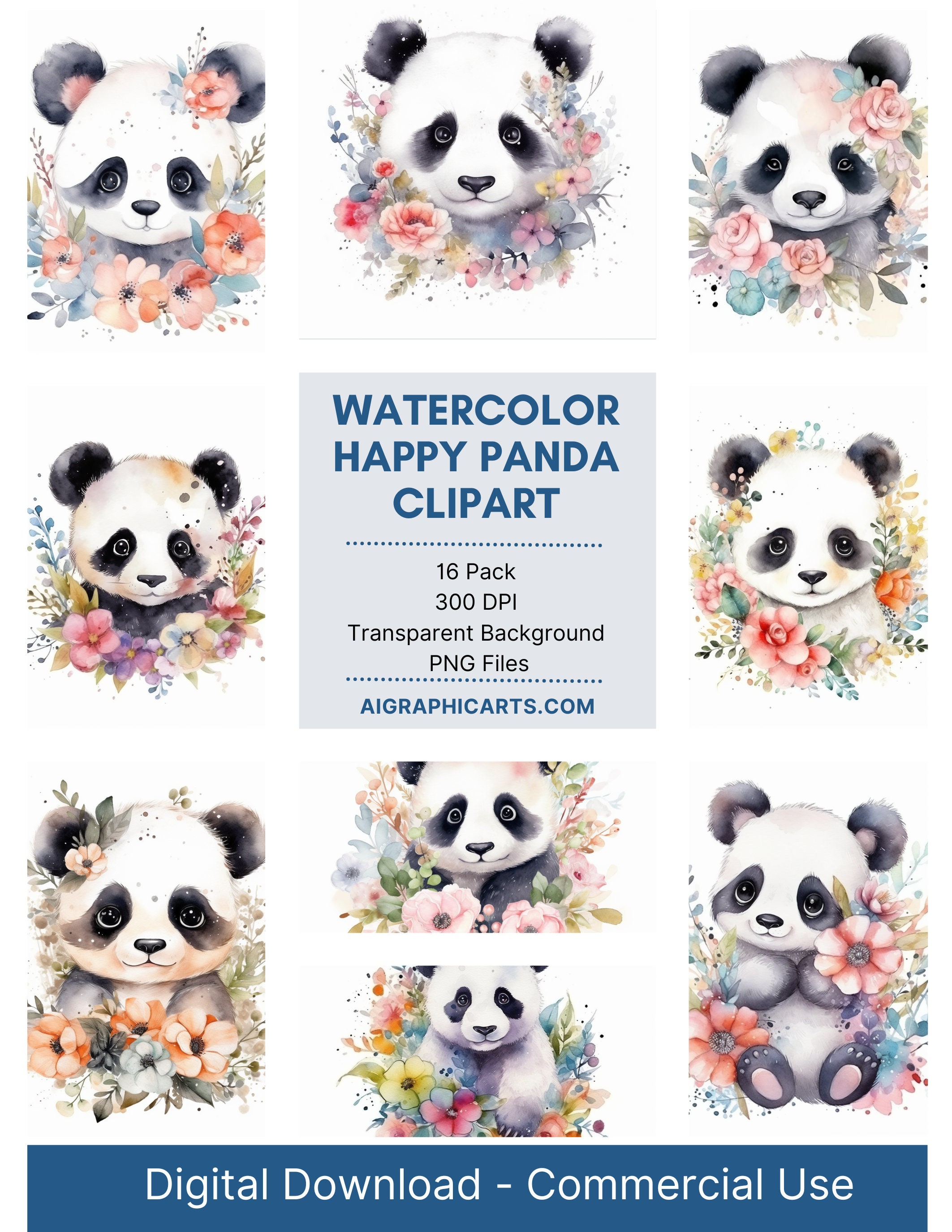 Watercolor Happy Panda Clipart, Cute Panda Clipart Bundle, Wild Animal ...