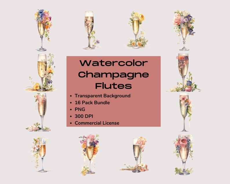 16 Pack Transparent WATERCOLOR Champagne Clip Art - Gold and Pink ...