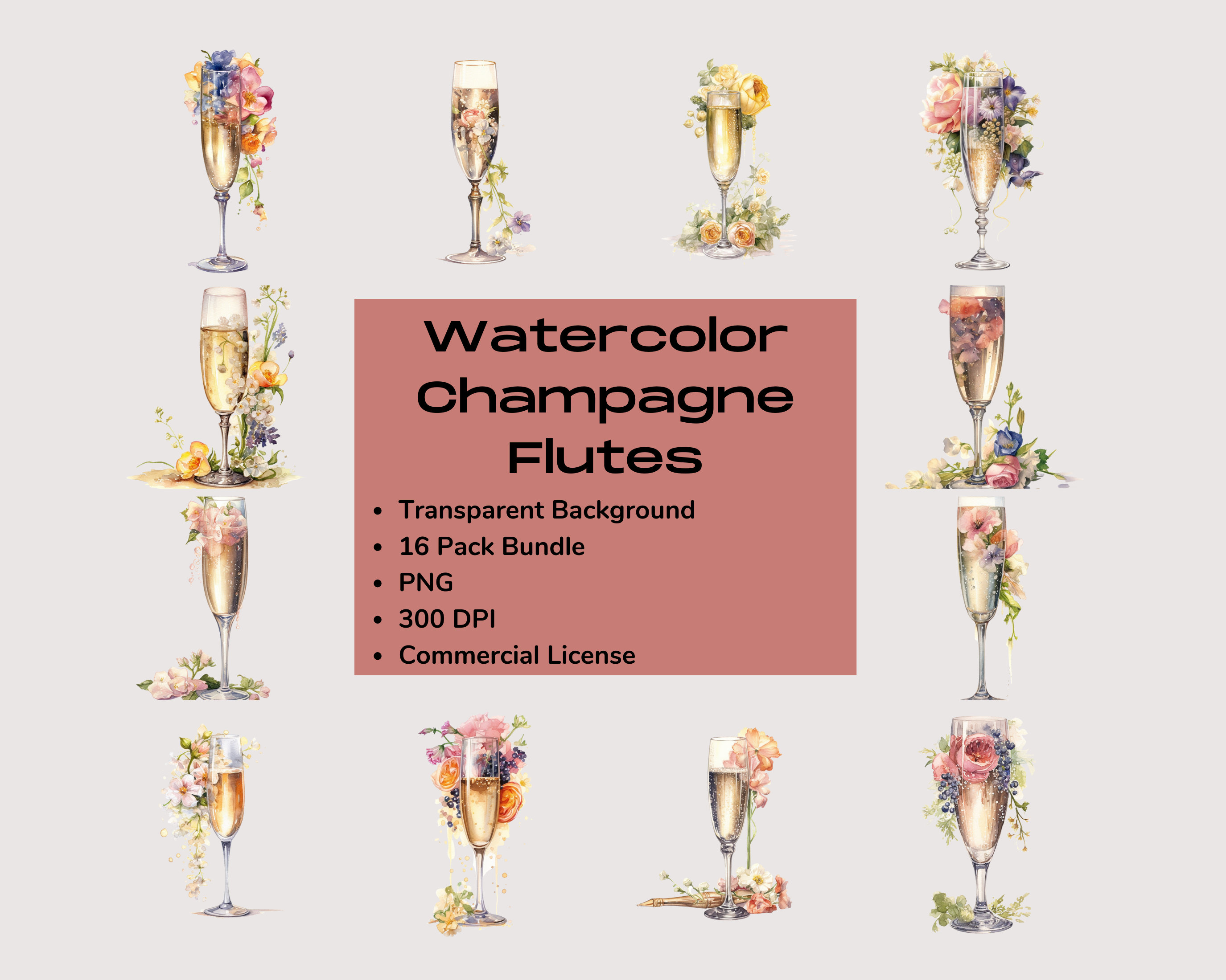 16 Pack Transparent WATERCOLOR Champagne Clip Art - Gold and Pink ...
