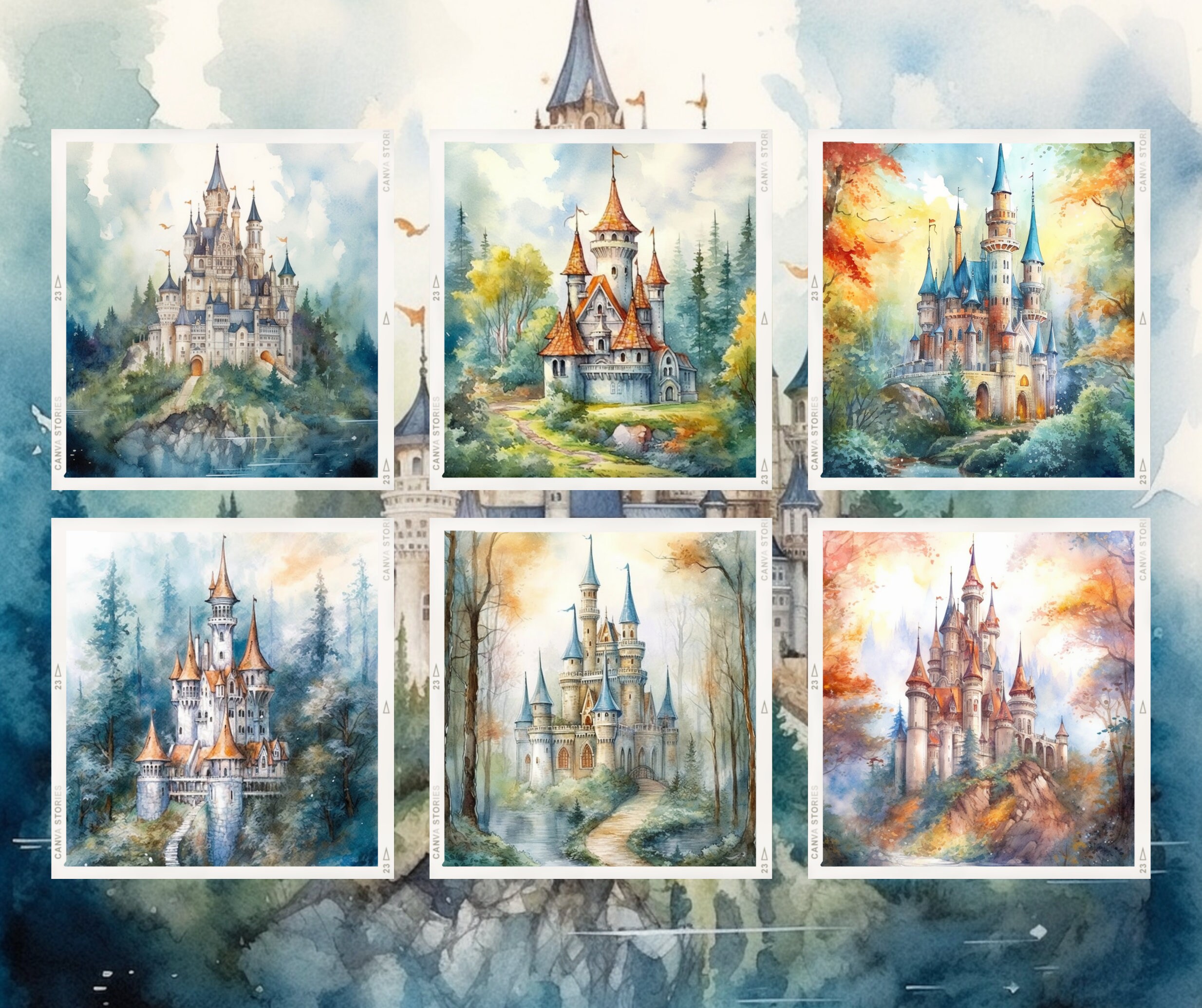 25 File Bundle, Clip Art Fantasy Castle Watercolor PNG for Download and ...