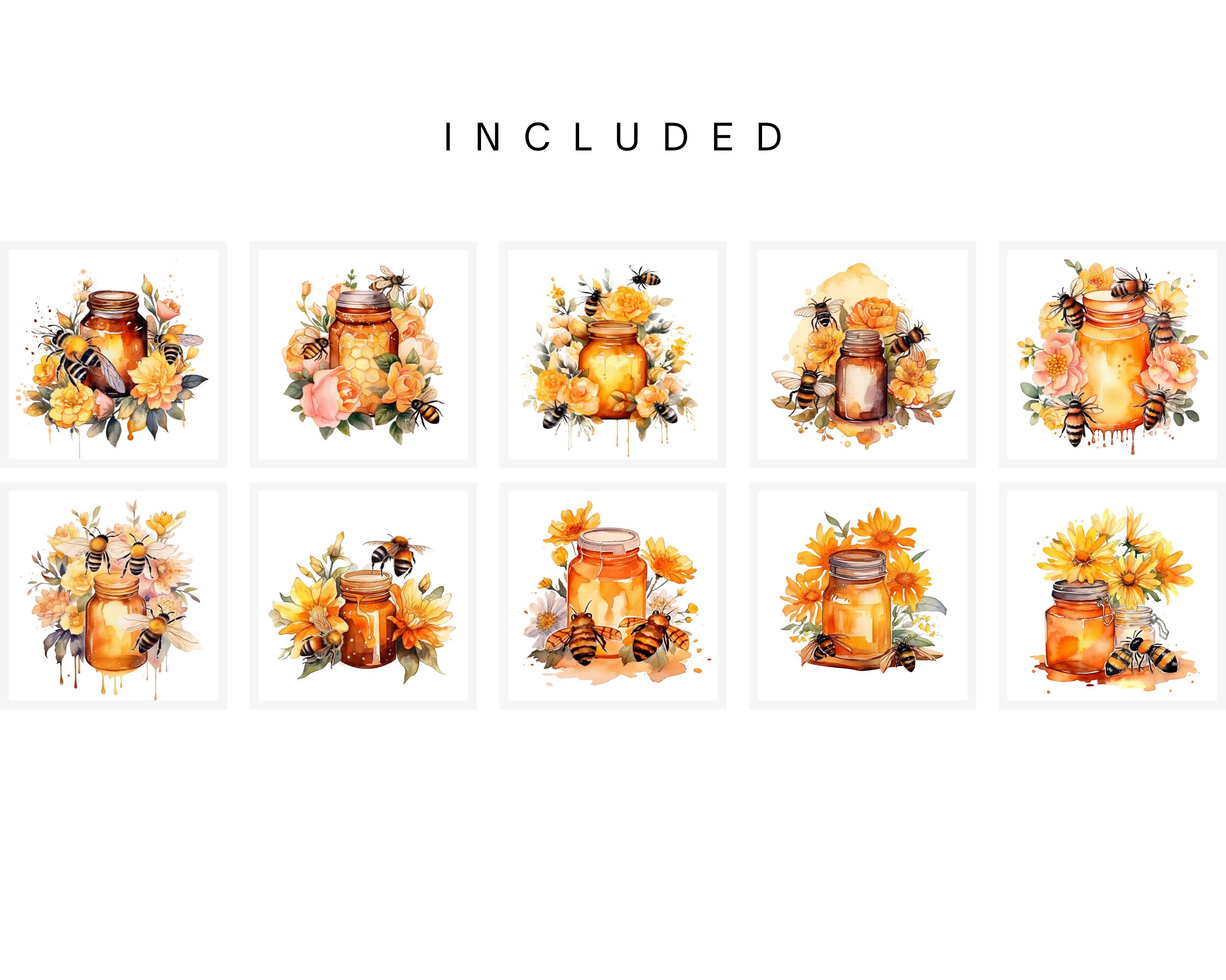 20 Pack - Watercolor Honey Bee Clipart, Spring Garden Bee and Honey ...