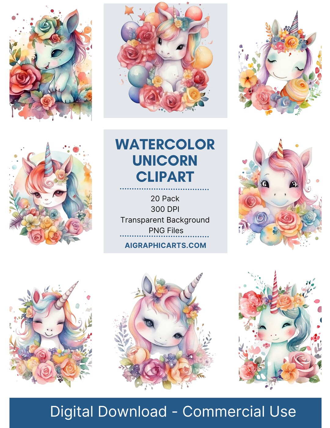 Cute Unicorn Watercolor Clipart, Instant Download, Rainbow Clip Art ...
