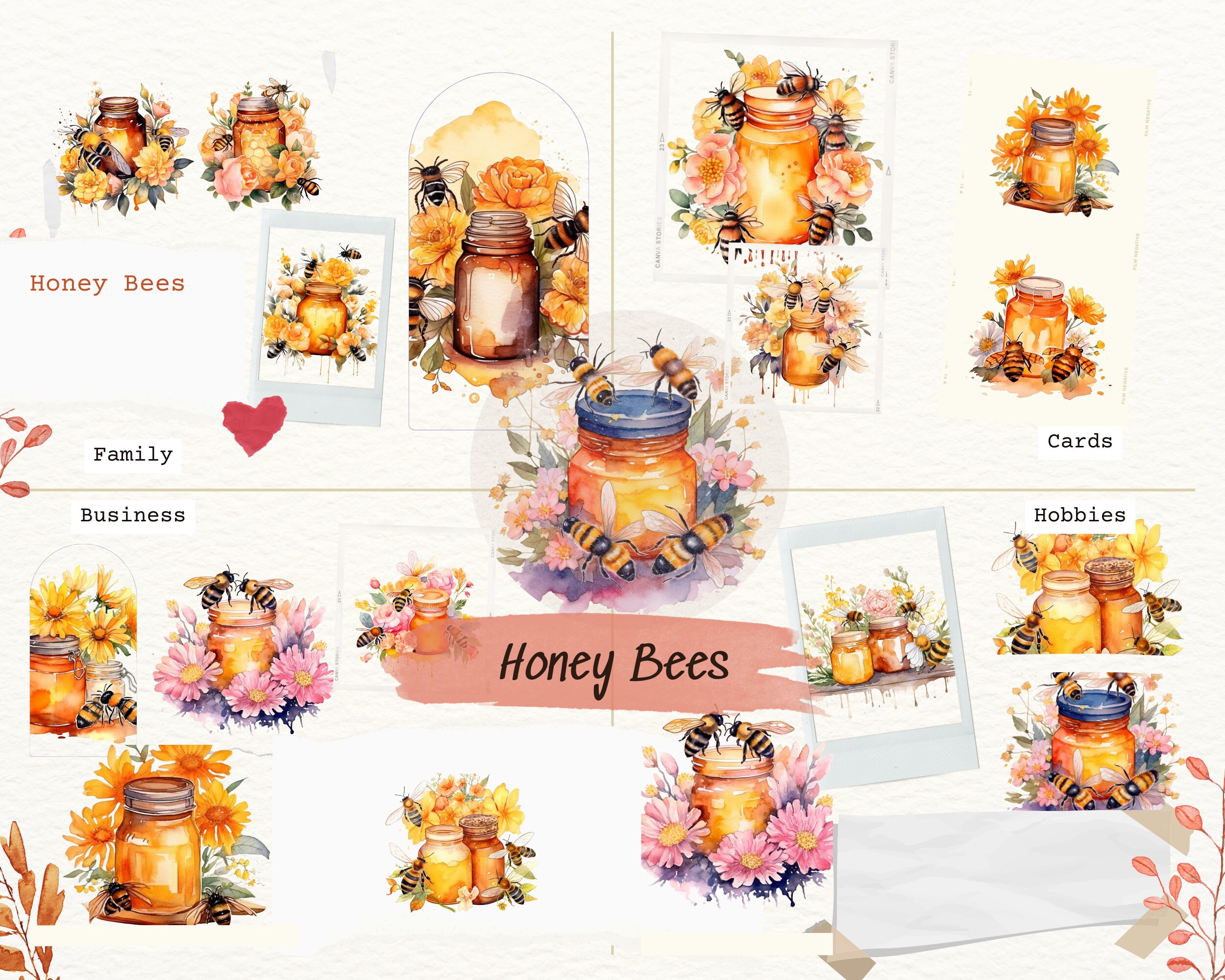 20 Pack - Watercolor Honey Bee Clipart, Spring Garden Bee and Honey ...