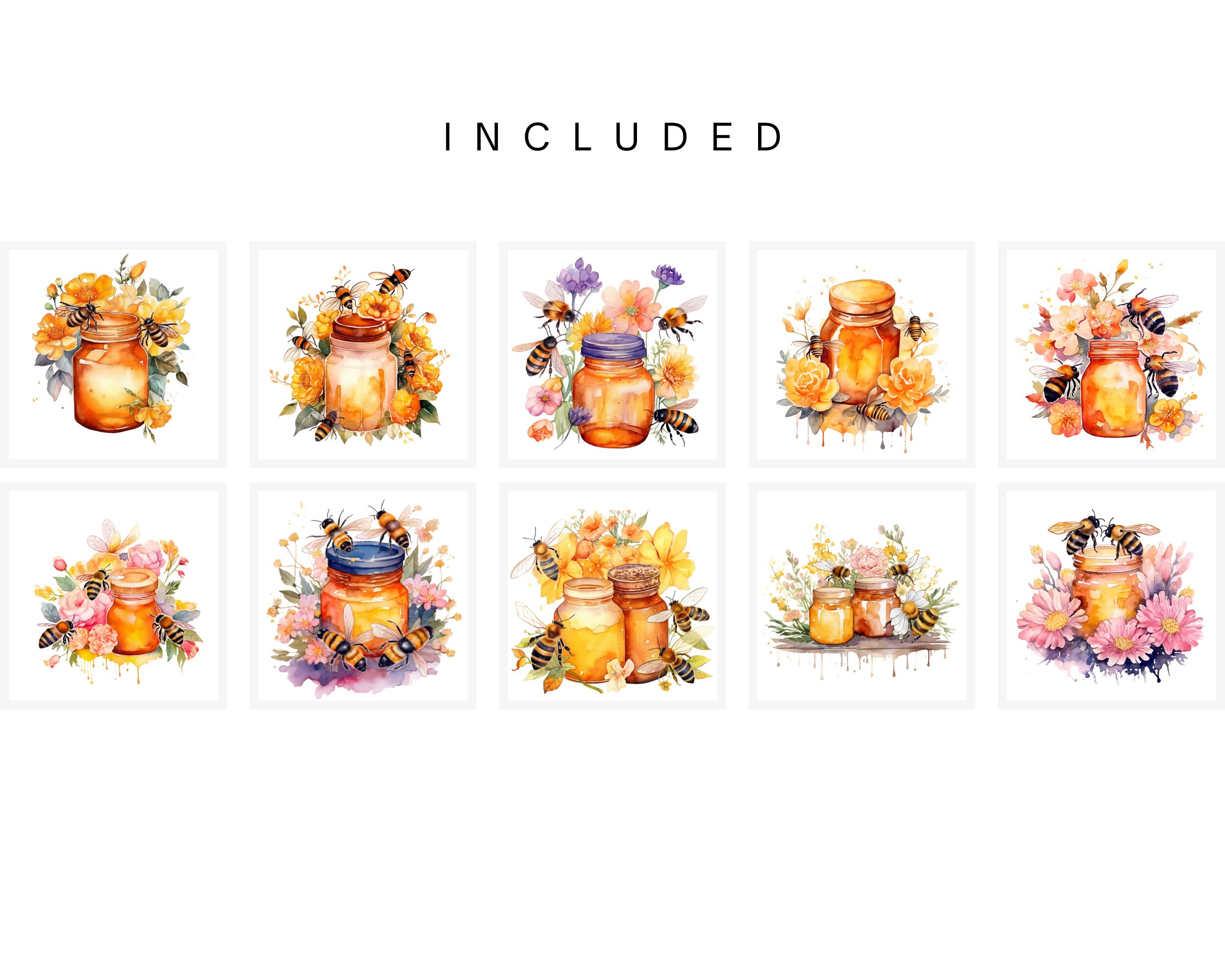 20 Pack - Watercolor Honey Bee Clipart, Spring Garden Bee and Honey ...