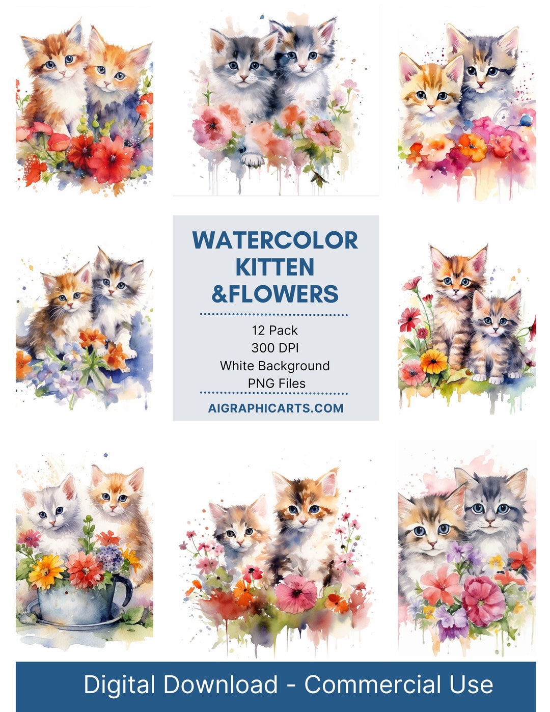 Watercolor Kitten and Flowers Clipart Pack, 12 Pack, Clipart for ...