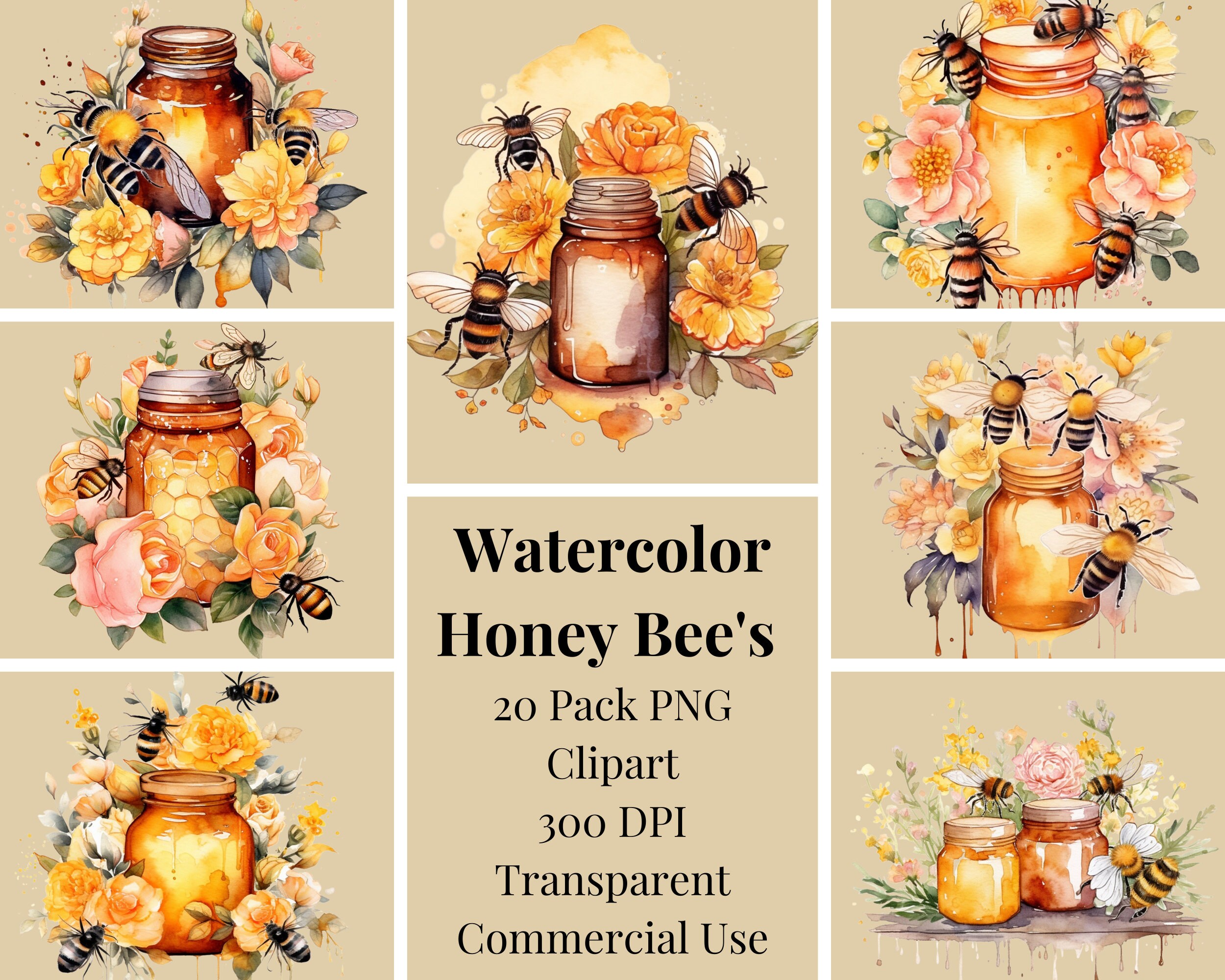 20 Pack - Watercolor Honey Bee Clipart, Spring Garden Bee and Honey ...
