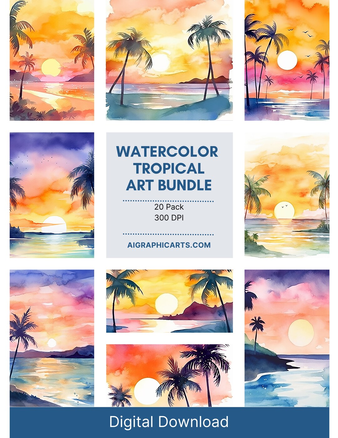 Watercolor Tropical Sunsets Clipart, 20 PNG Files, Digital Graphics ...