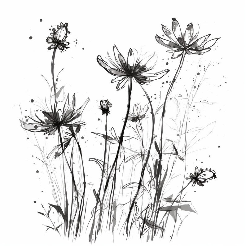 Black and White Meadow Flowers Clipart - Spring Wildflower Floral PNG ...