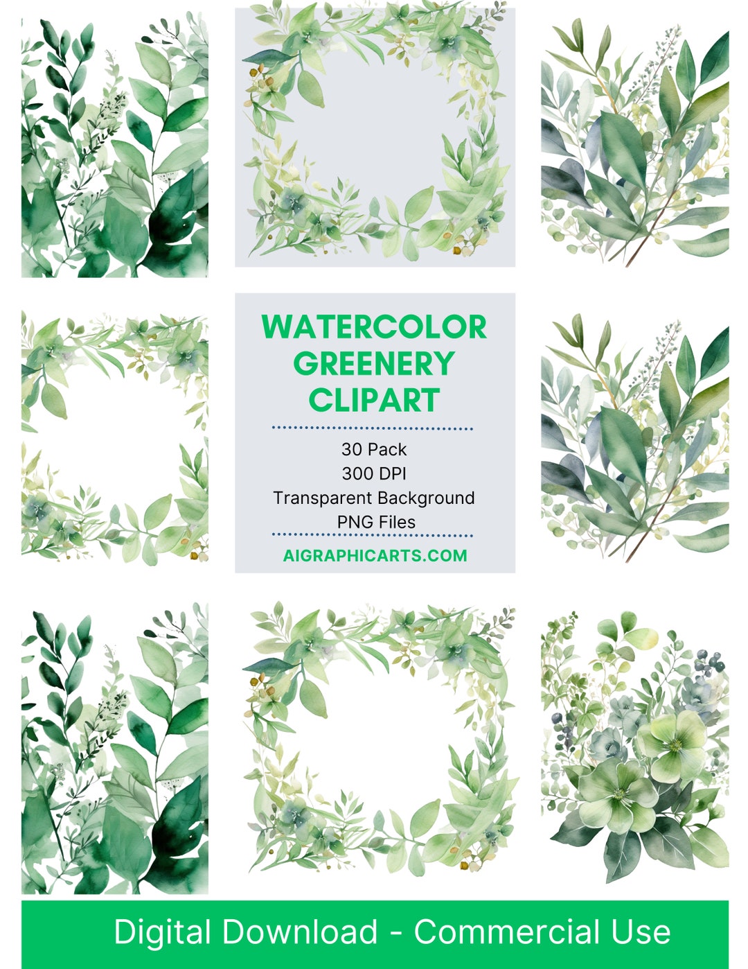 30 File Bundle, Greenery Watercolor Clipart, Greenery Bundle Clipart ...