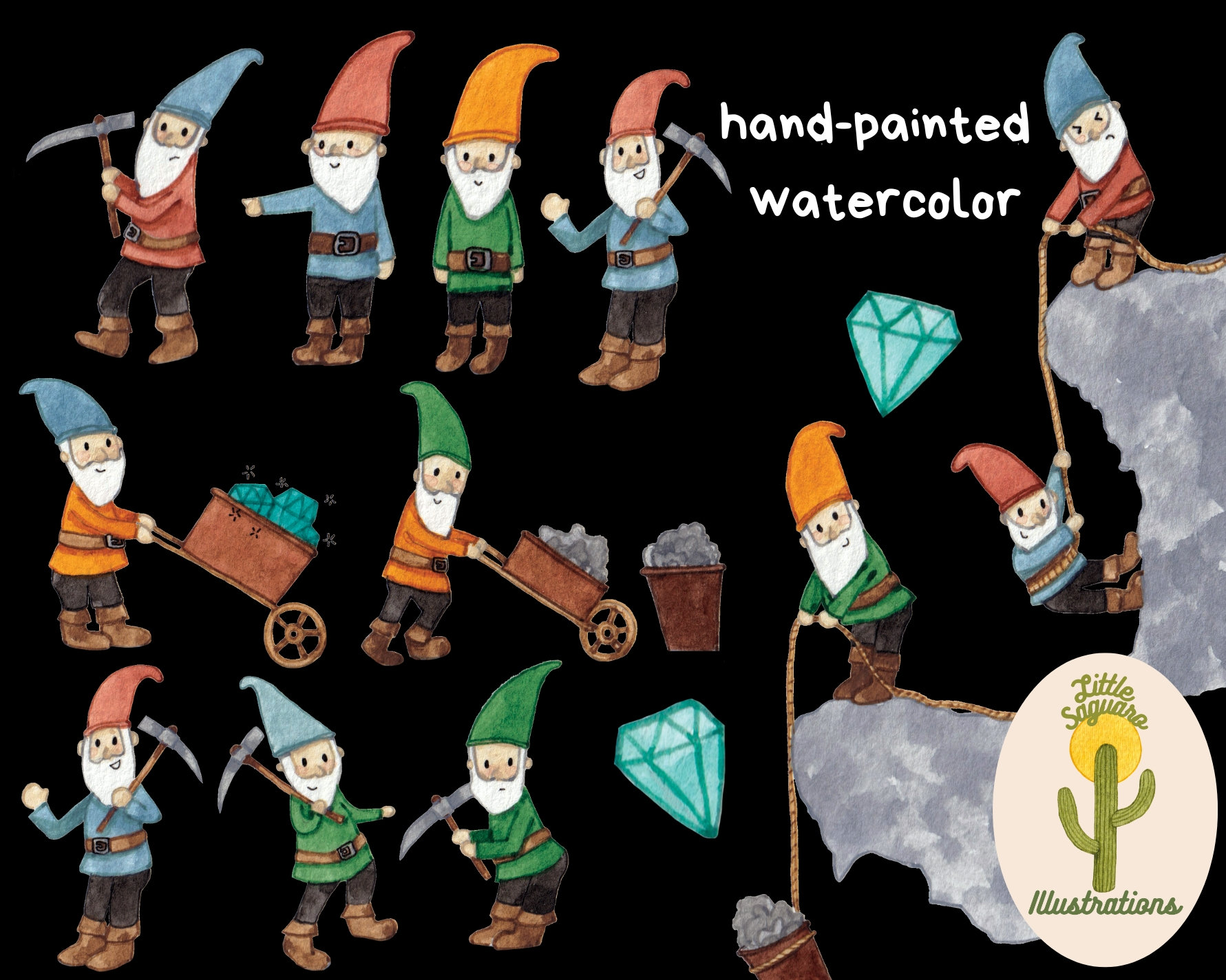 Watercolor Gnomes Clipart, Mining Gnomes PNG, Diamonds and Cave Art ...