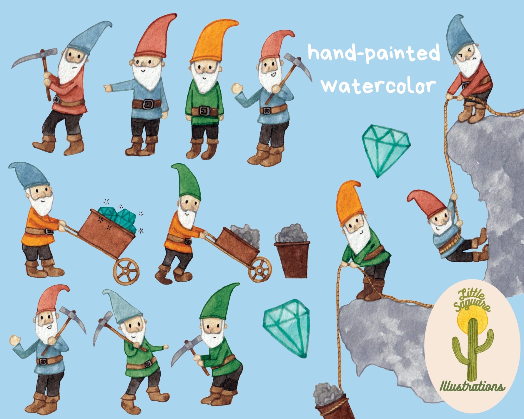 Watercolor Gnomes Clipart, Mining Gnomes PNG, Diamonds and Cave Art ...